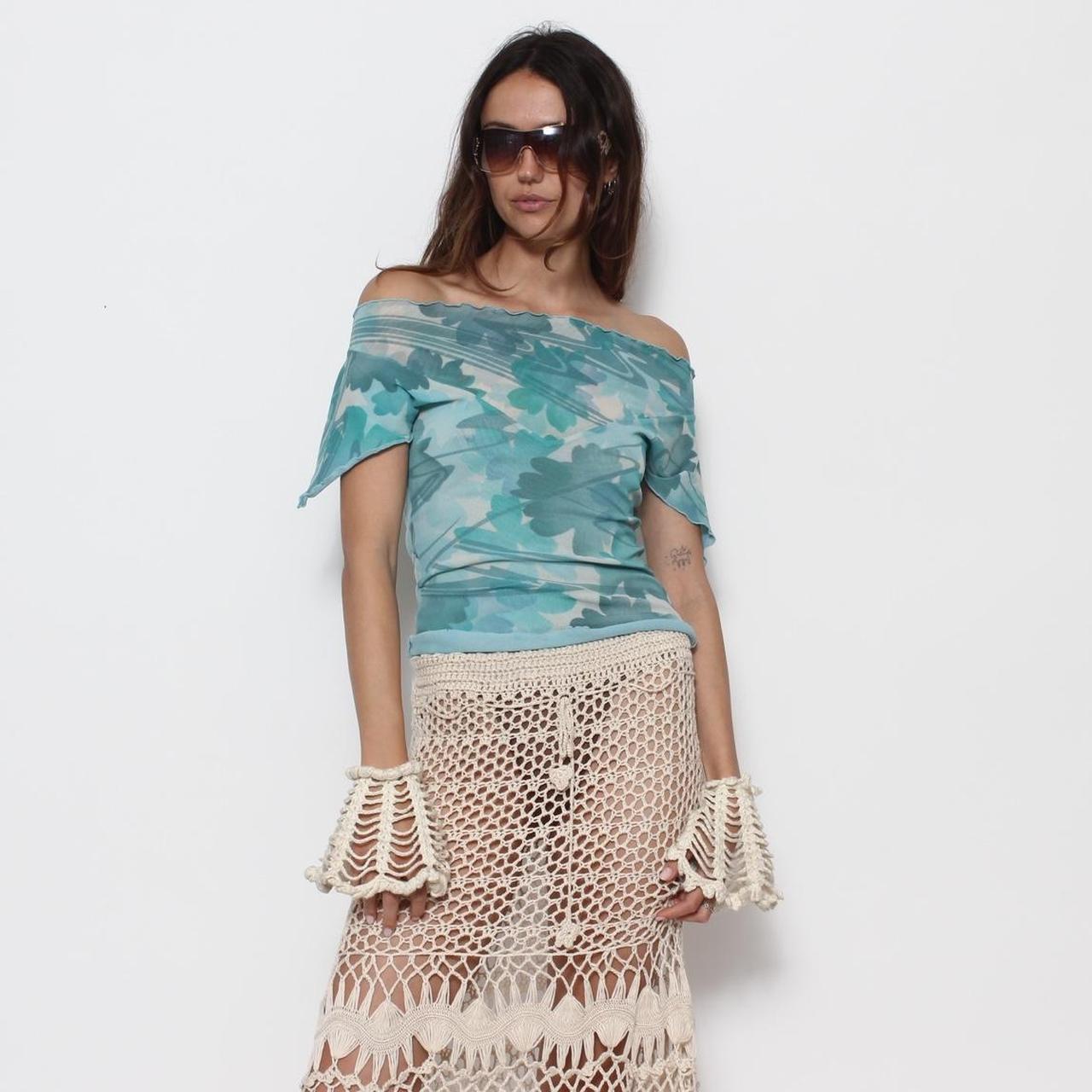 Y2K MERMAIDCORE TEAL BLUE FLORAL MESH OFF SHOULDER... - Depop