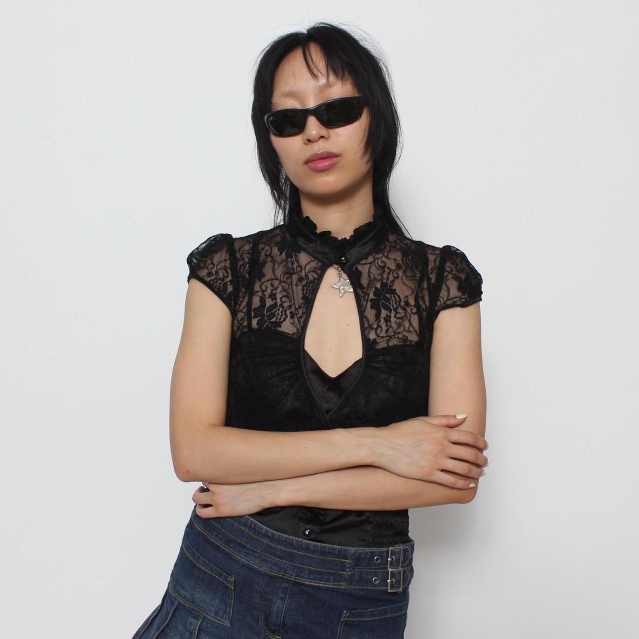 Y2K MALL RAT BLACK LACE SHINY GOTH VAMP CAP SLEEVE... - Depop