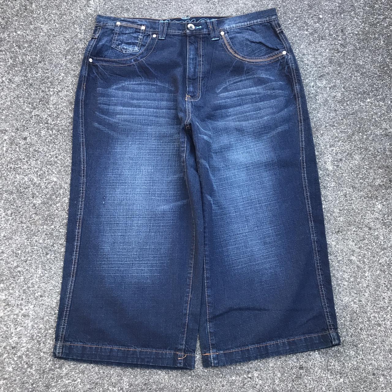 Koman Y2k Baggy stonewashed skull jeans jorts Mall... - Depop