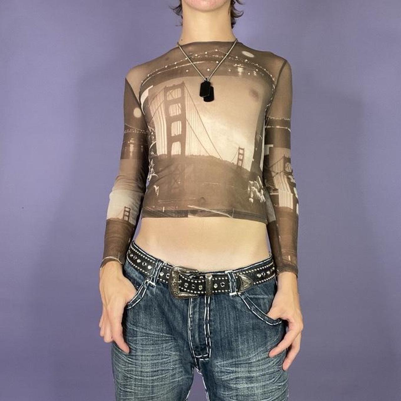 2000s Mesh San Francisco Rhinestone Brown Glam... - Depop