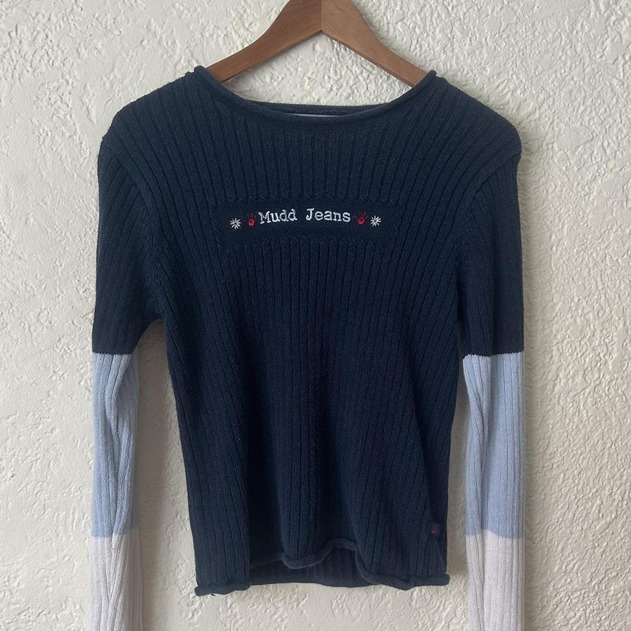 Mudd blue and navy long sleeve sweater with cute... - Depop
