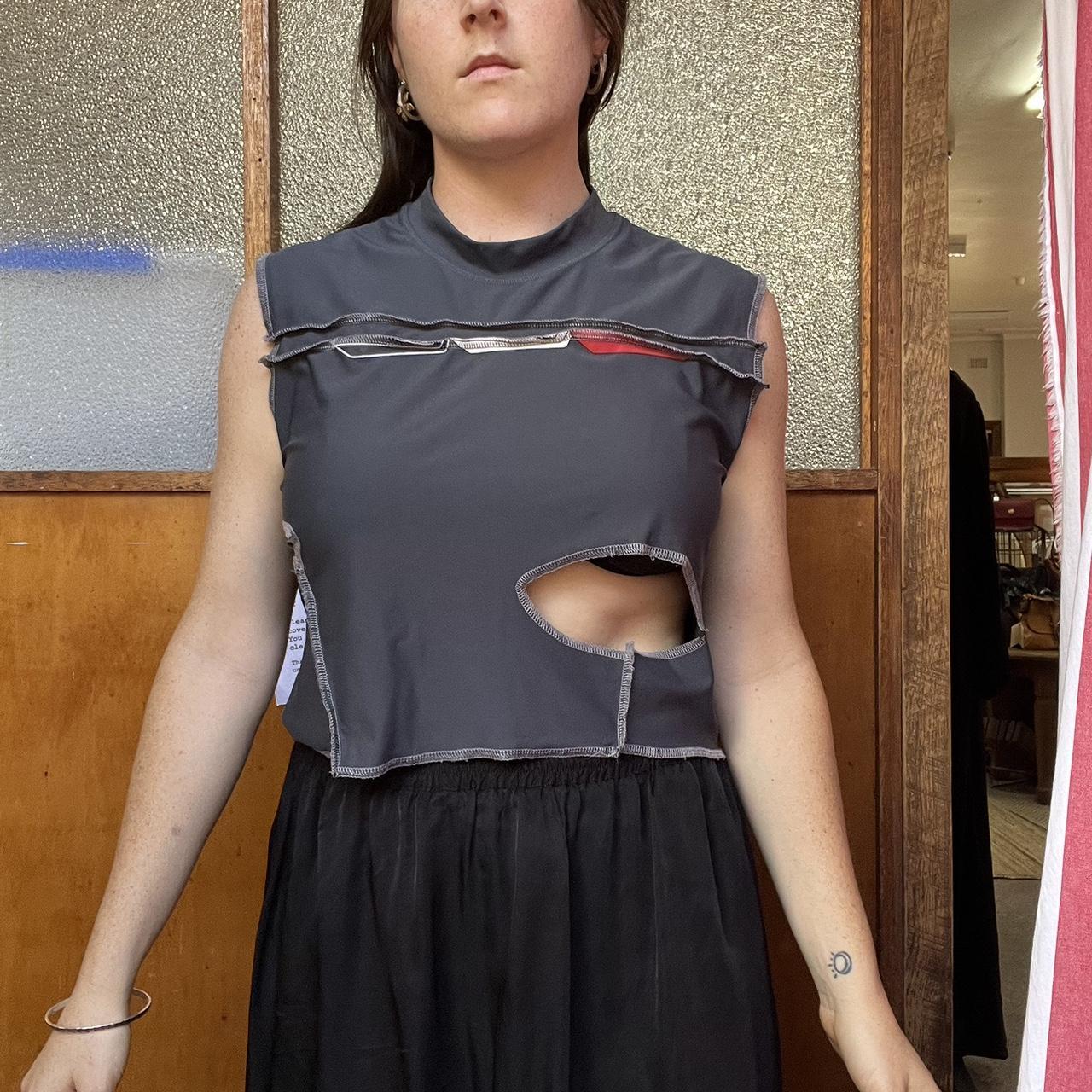 Grey and red cut out top with a futuristic vibe... | Depop