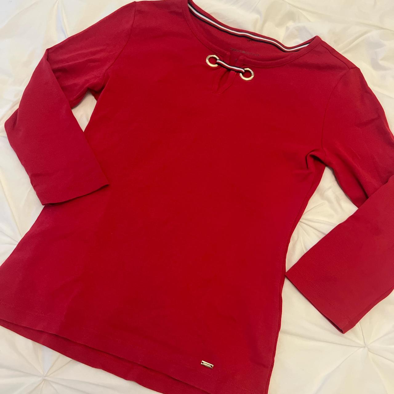 Y2K Tommy Hilfiger red keyhole top 3/4 Sleeve Size... - Depop