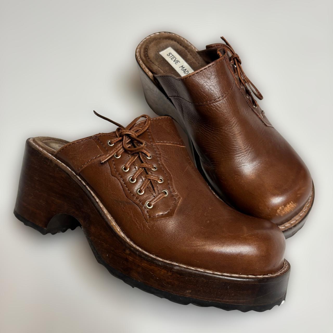 70s Chunky wooden platform clogs brown leather... | Depop