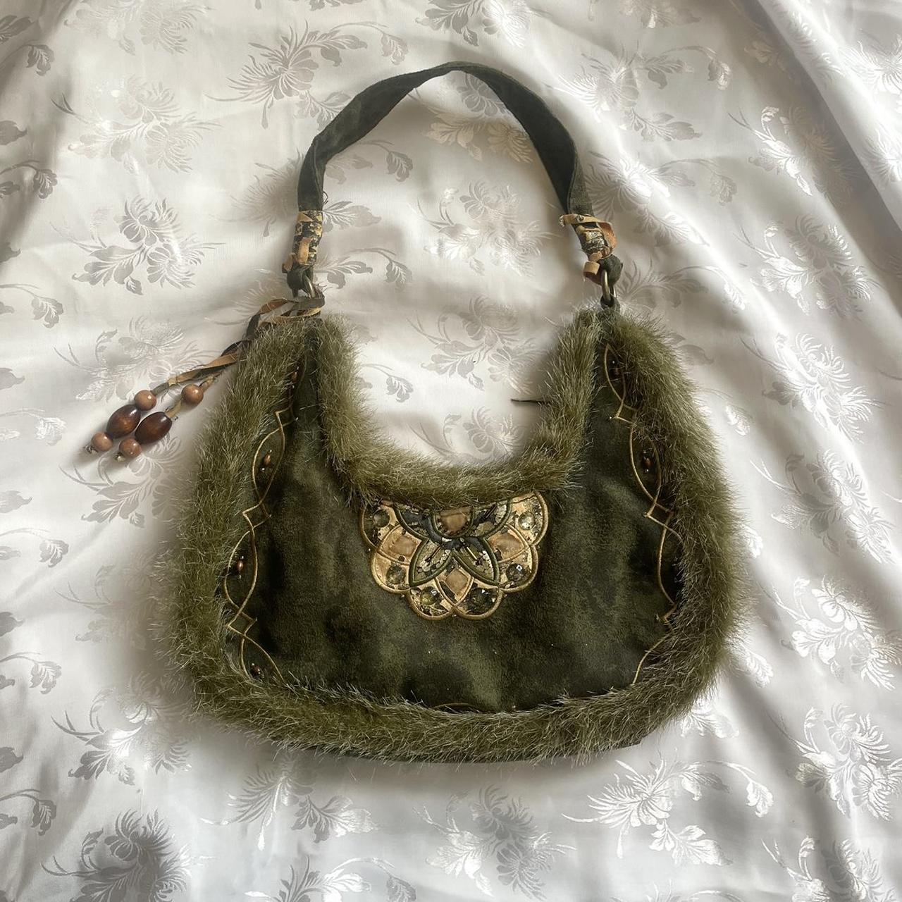 green earthy shoulder bag with faux fur trimming... - Depop