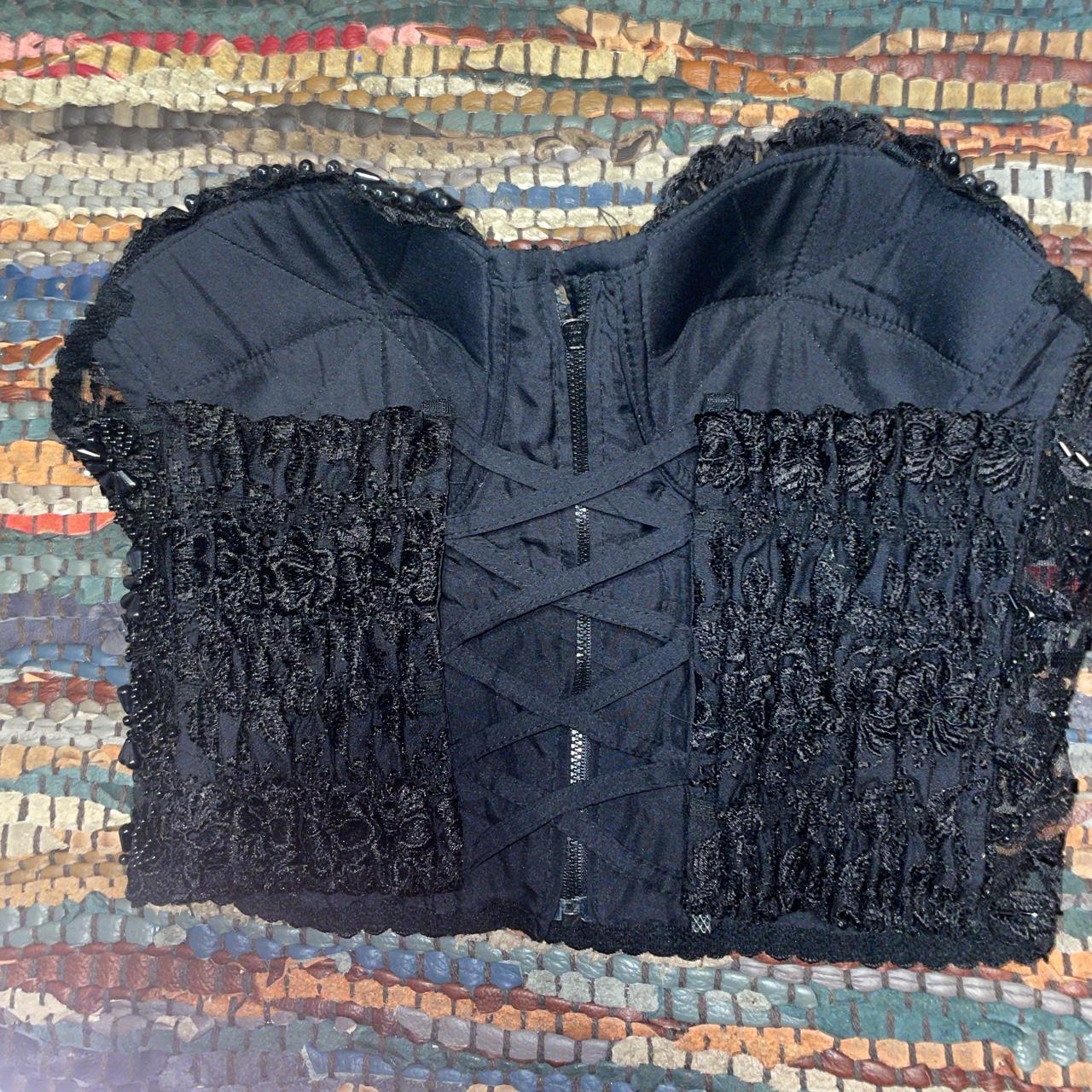 black beaded corset. zip front stretch back - Depop