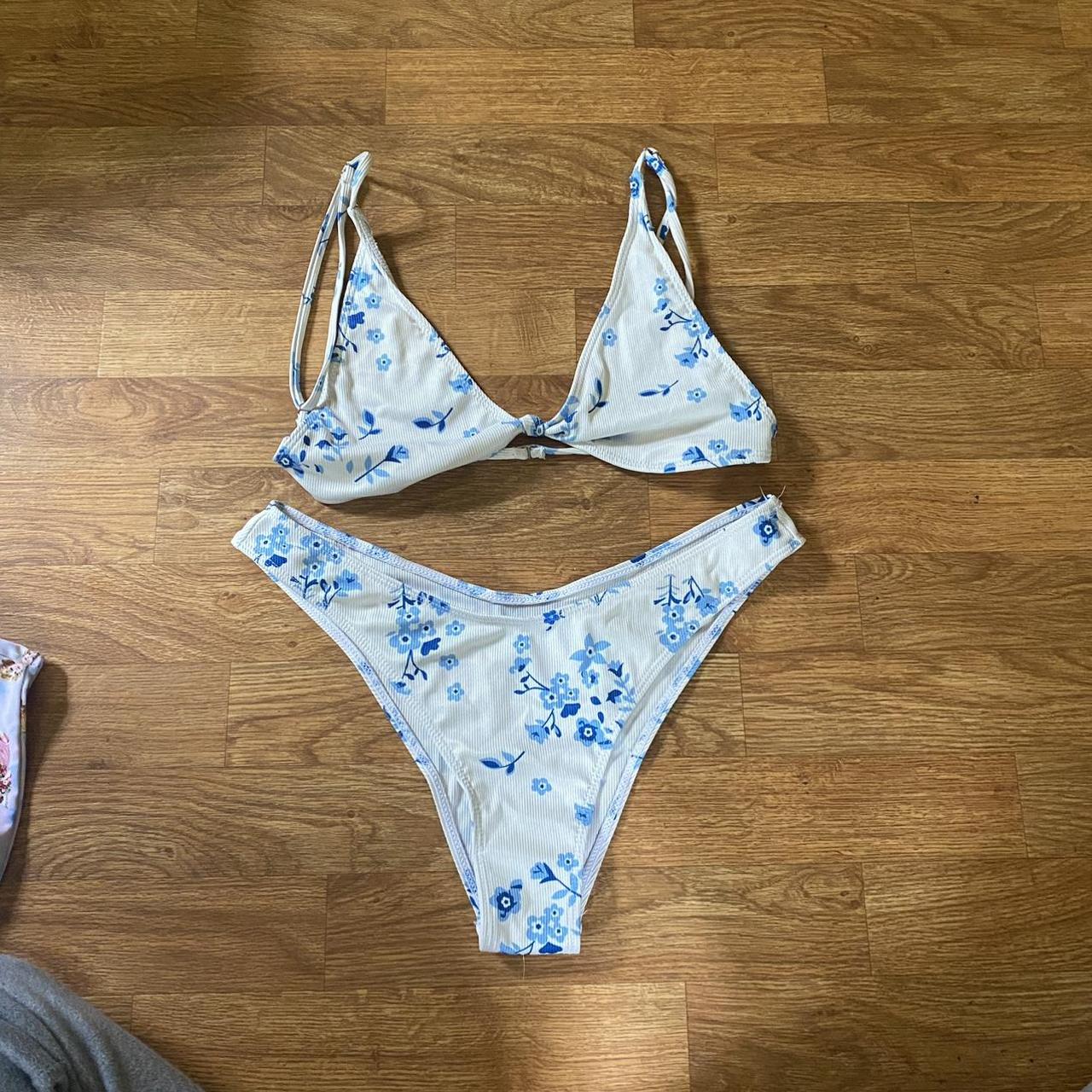 blue and white flowery bikini strappy and high... - Depop