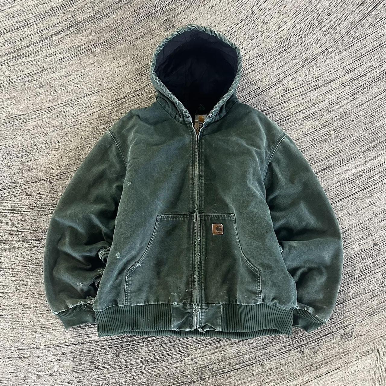 00s Faded thrashed Dark Green Carhartt Jacket Size... - Depop