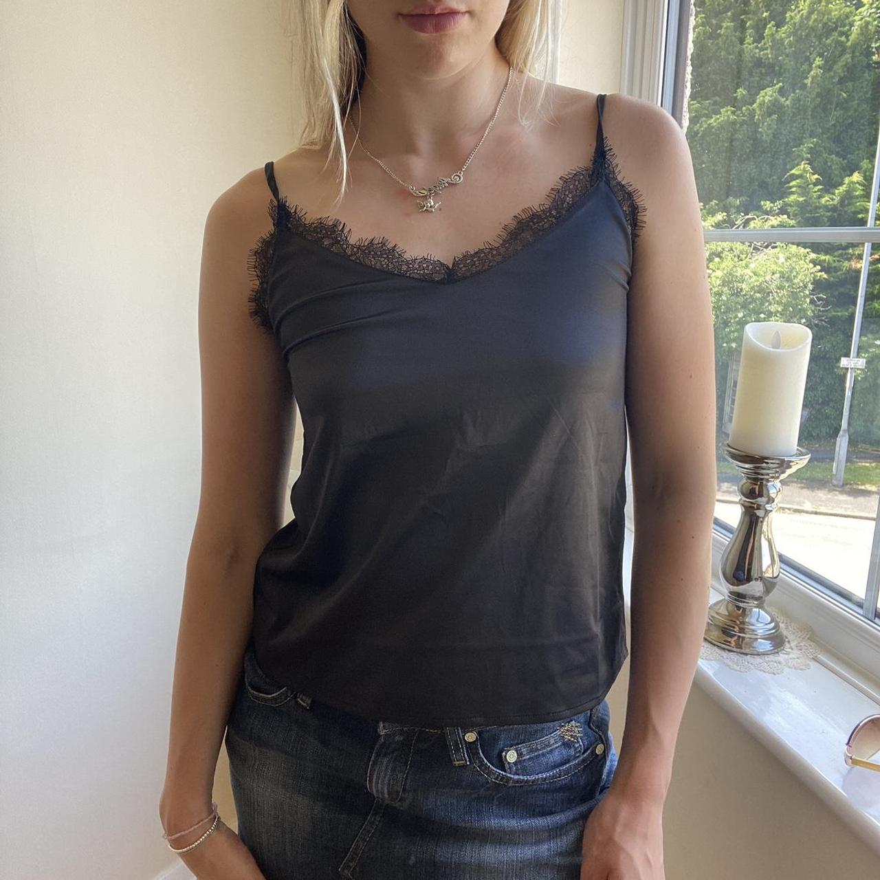 Black satin slip top with adjustable straps and lace... - Depop