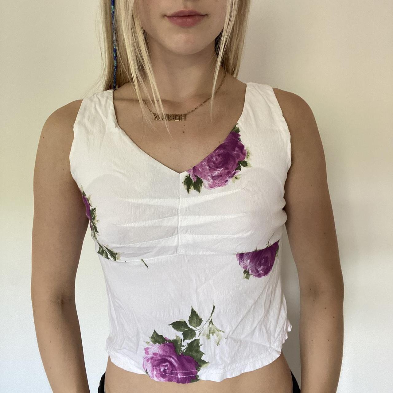 White coquette purple rose pattern top🩷 super... | Depop