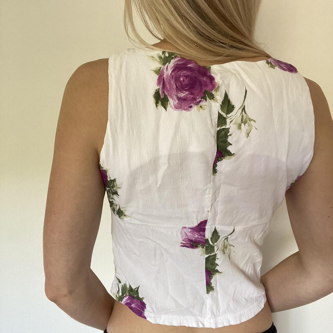 White coquette purple rose pattern top🩷 super... | Depop
