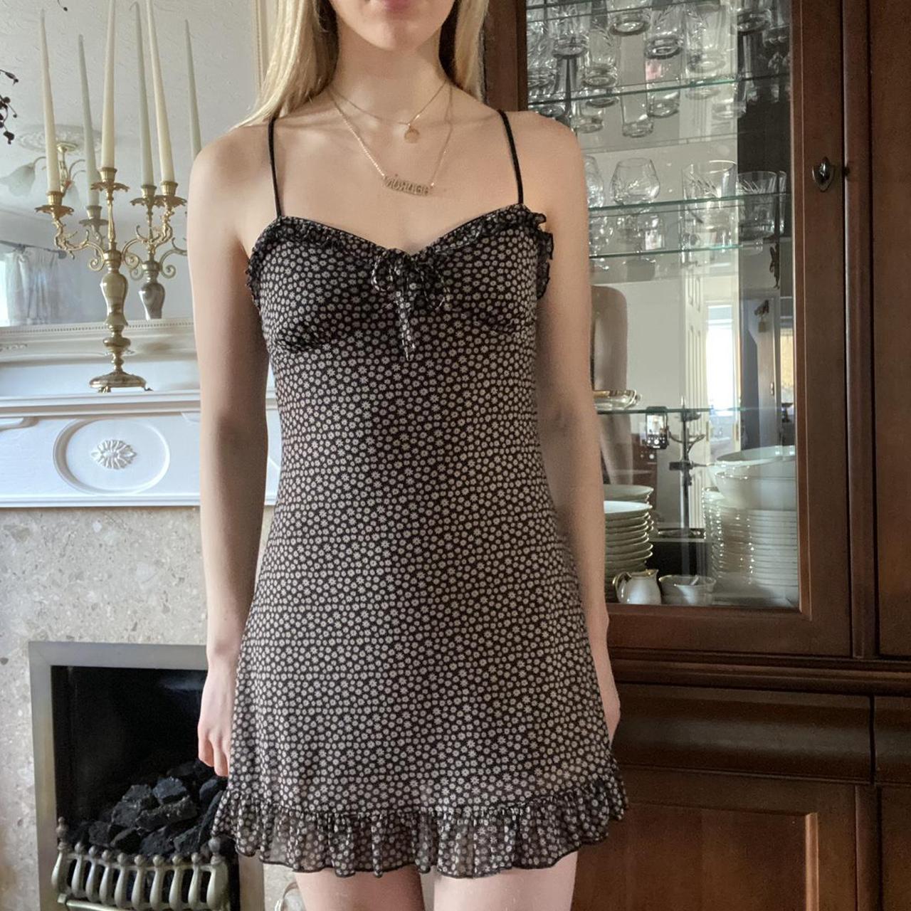 Black mini mesh overlay dress with flower design,... | Depop