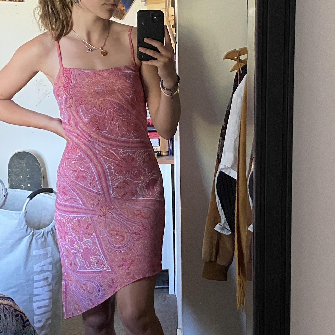 Gorgeous 2000s asymmetric pink floral/ paisley slip... - Depop