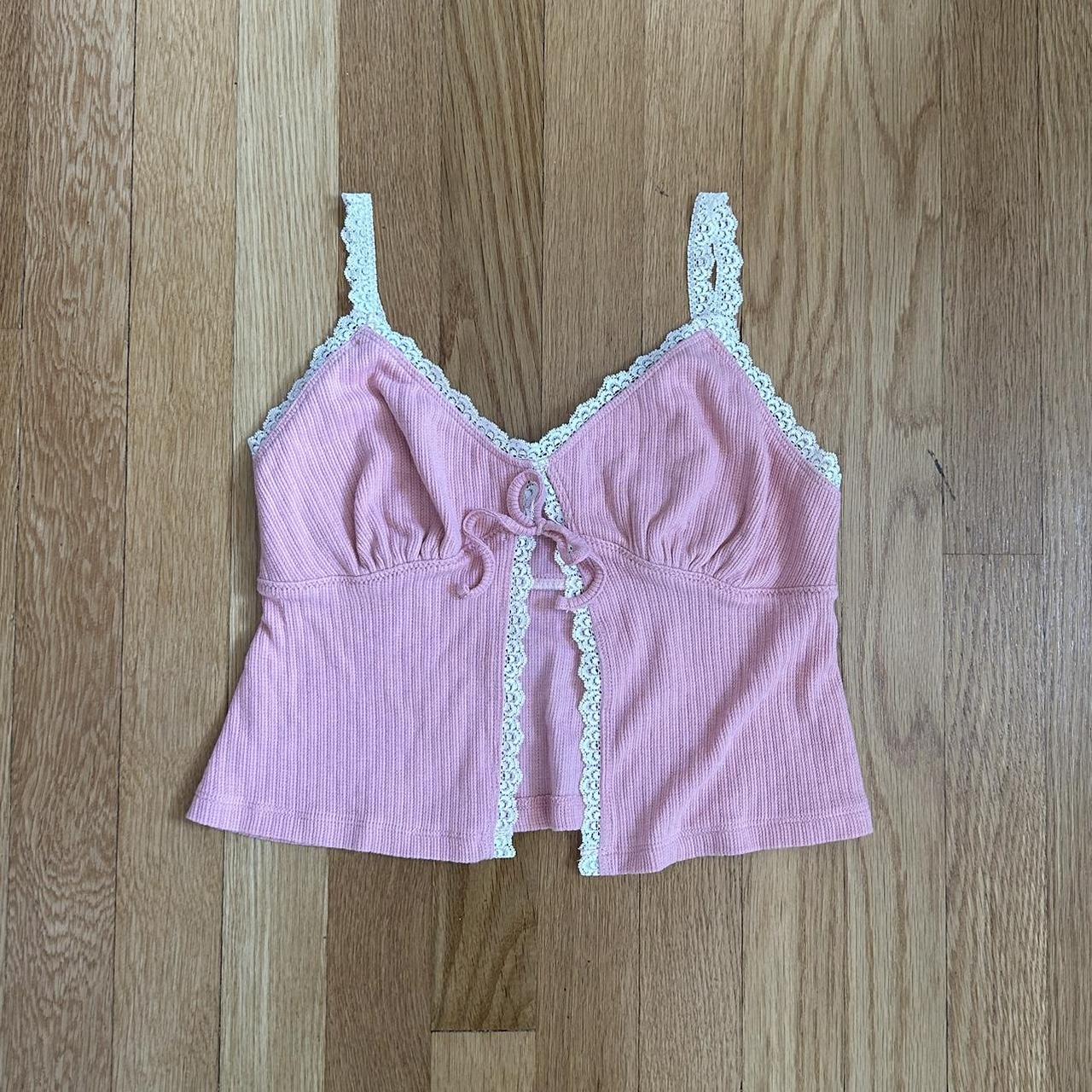 pink open front cami with white lace