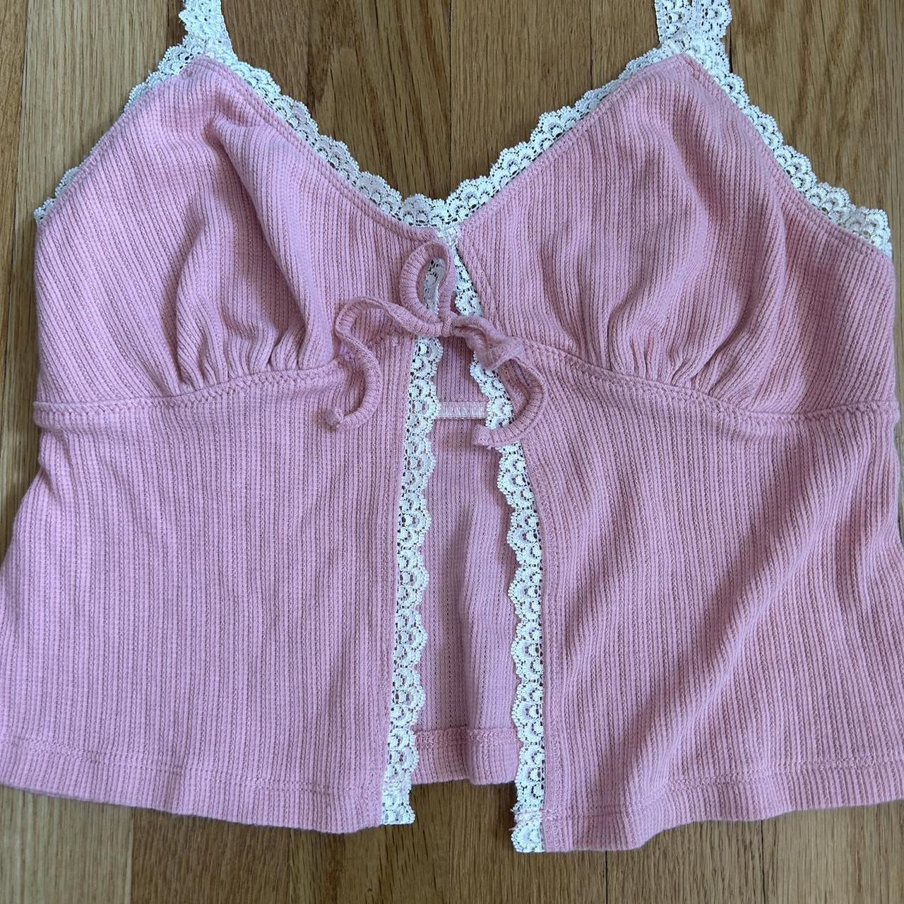 pink open front cami with white lace