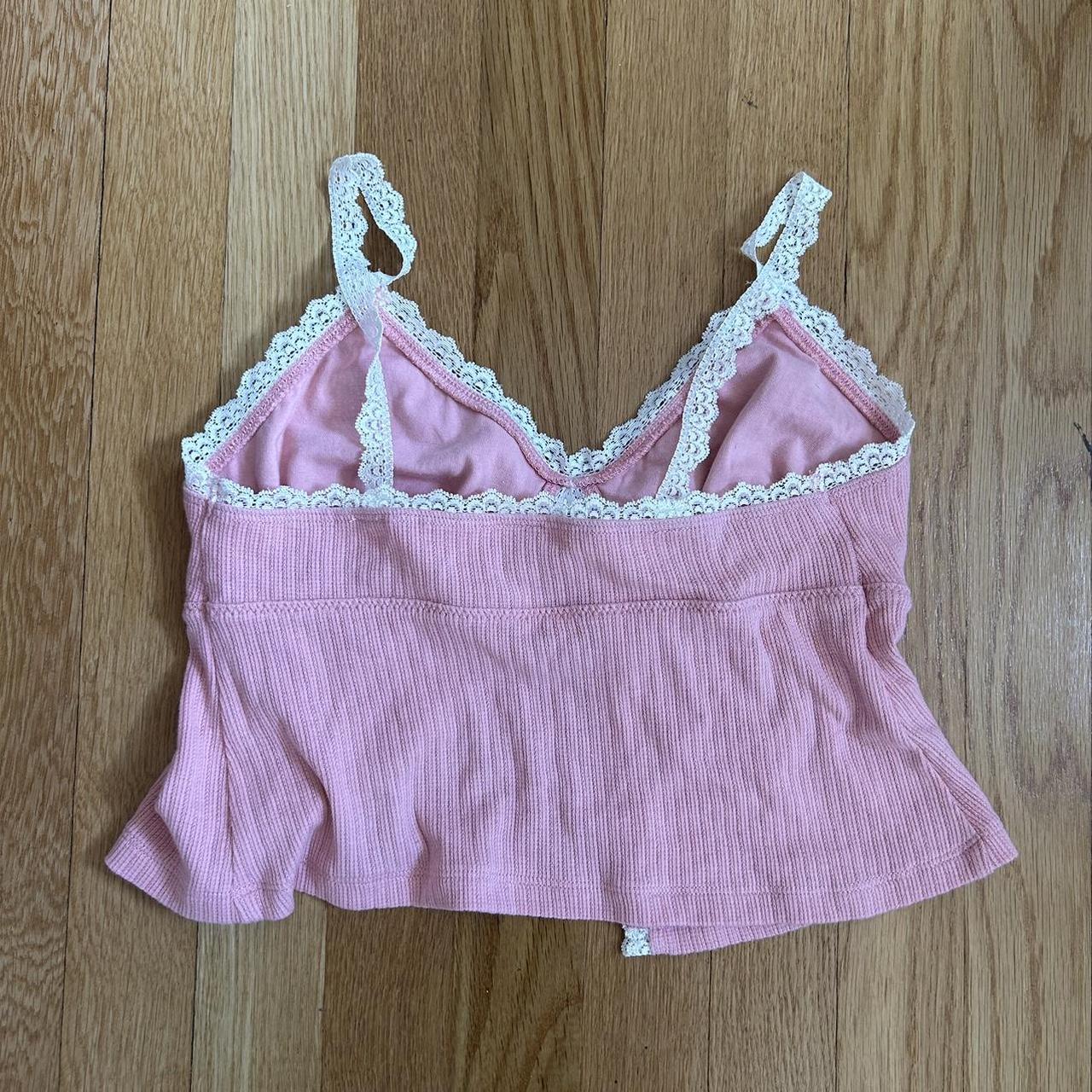 pink open front cami with white lace