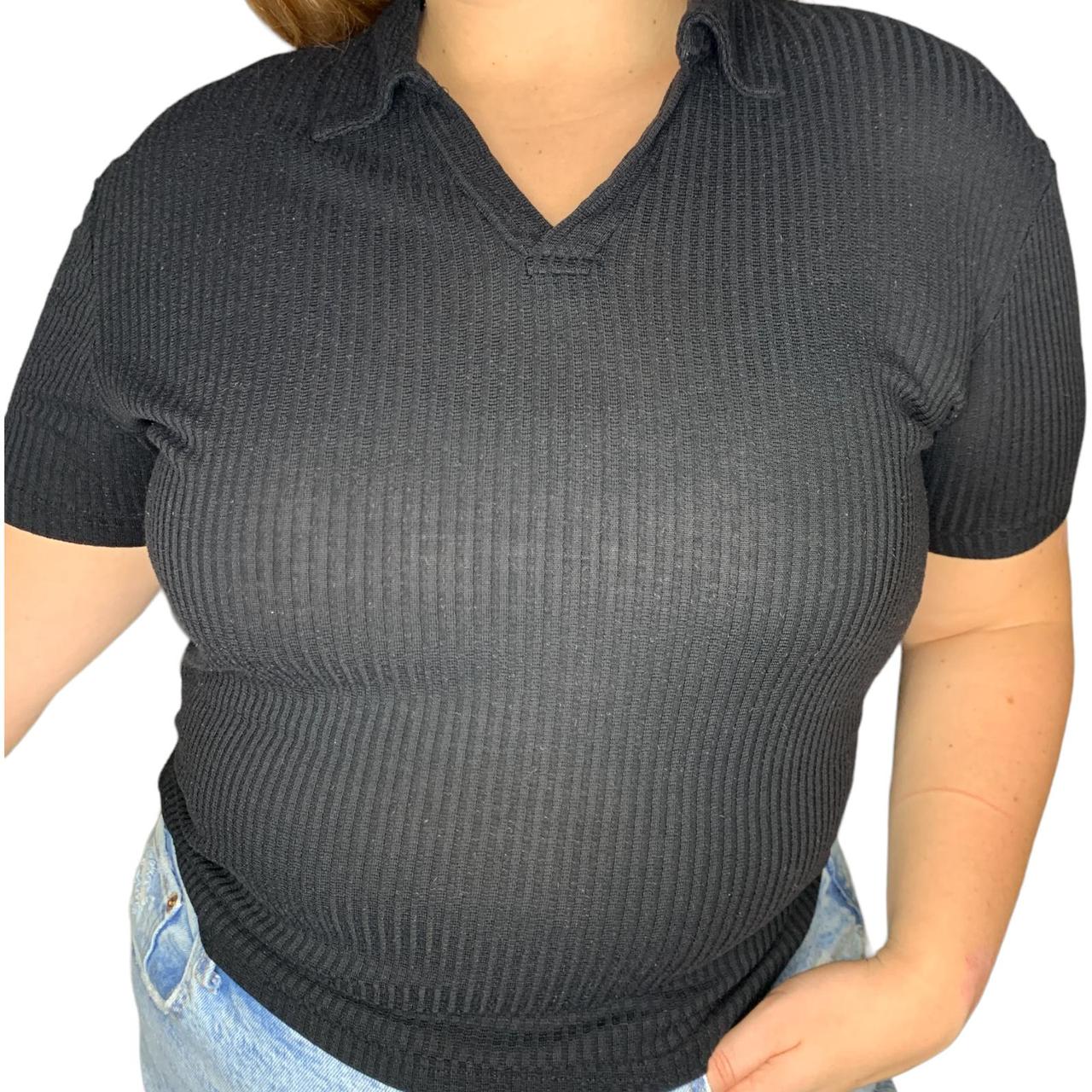 YMLA Black Y2K Ribbed Polo Tee Shirt Large Gently... - Depop