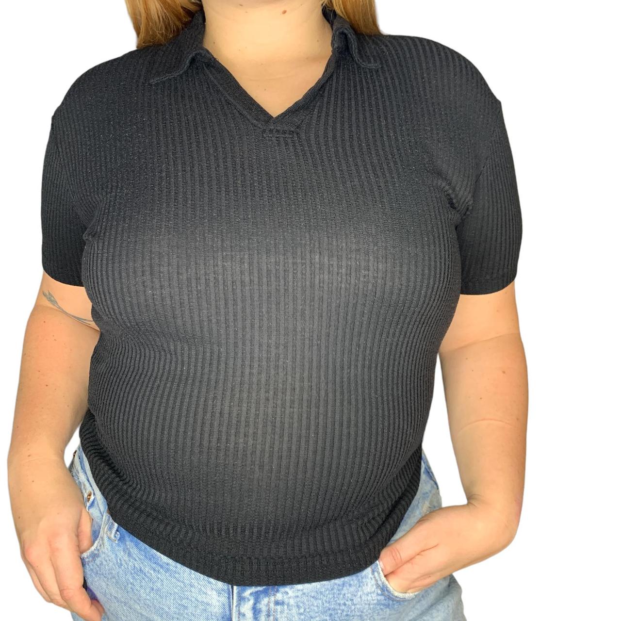 YMLA Black Y2K Ribbed Polo Tee Shirt Large Gently... - Depop