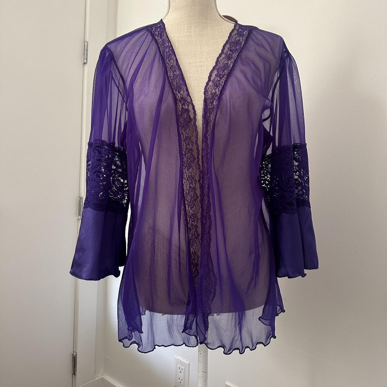 Purple sheer lace kimono with flared sleeves and... - Depop