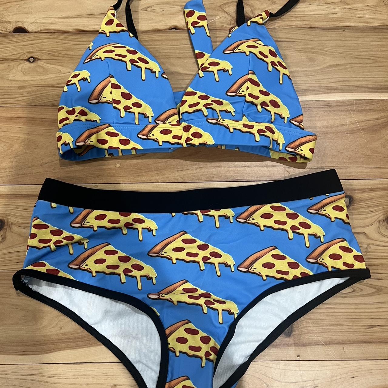 Blue and yellow PIZZA pattern bikini set #swimwear... | Depop