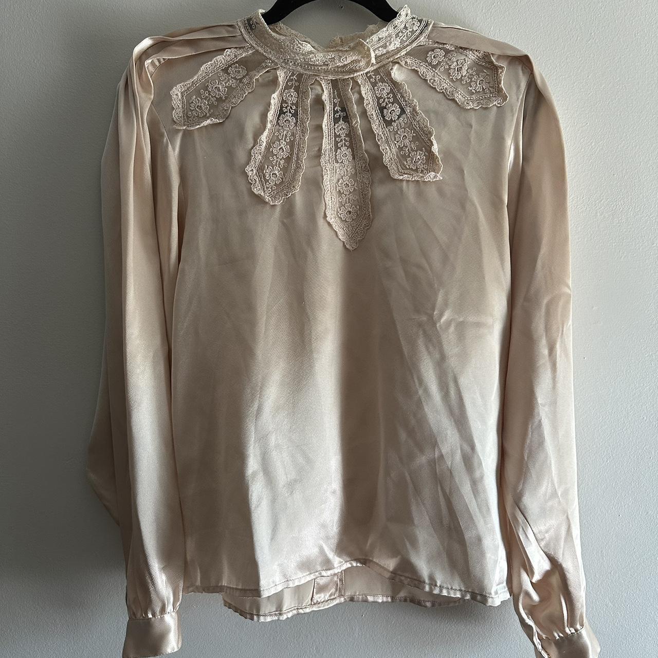 cream silky vintage blouse with buttons down the... - Depop