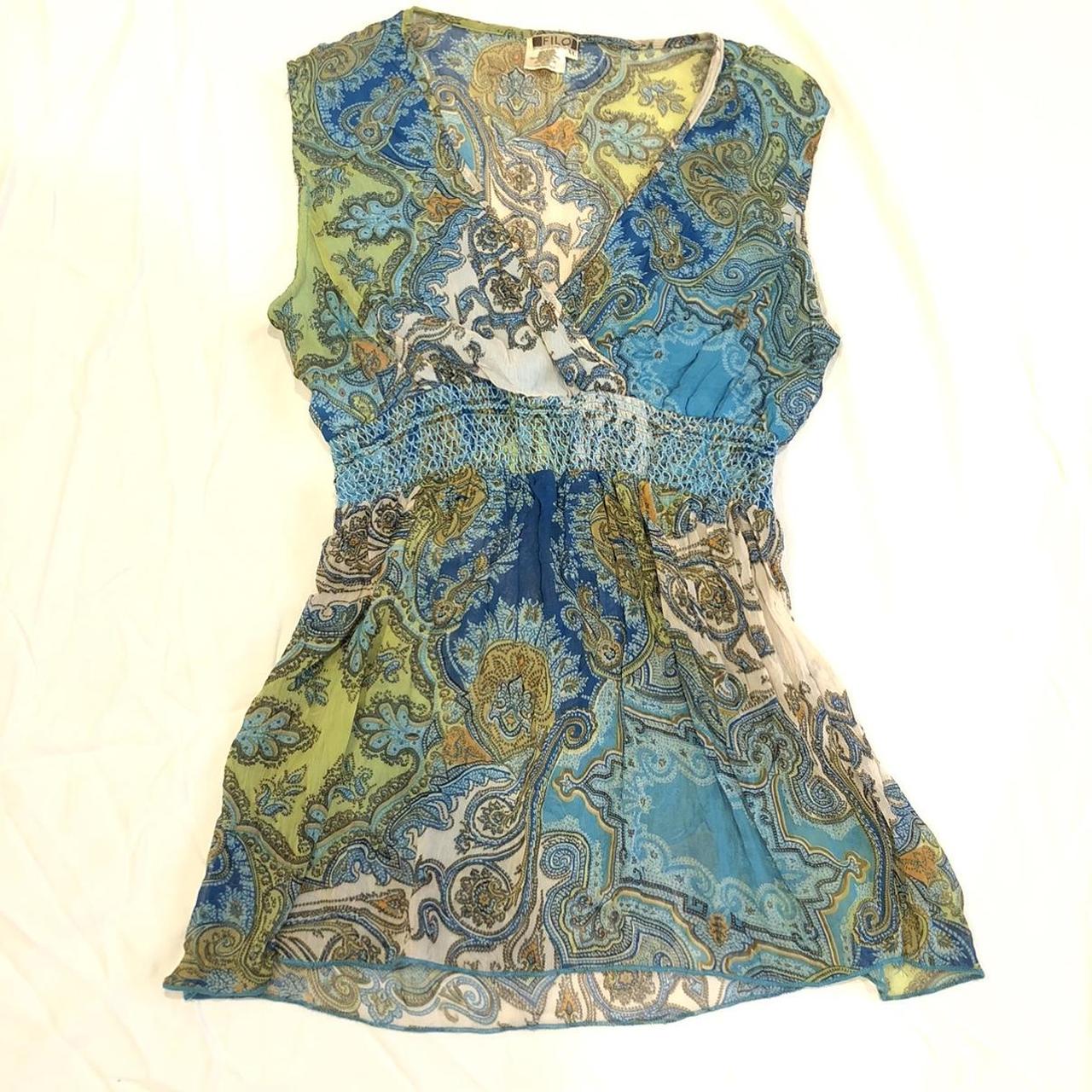 Y2k semi sheer patterned top with cinched waist... - Depop