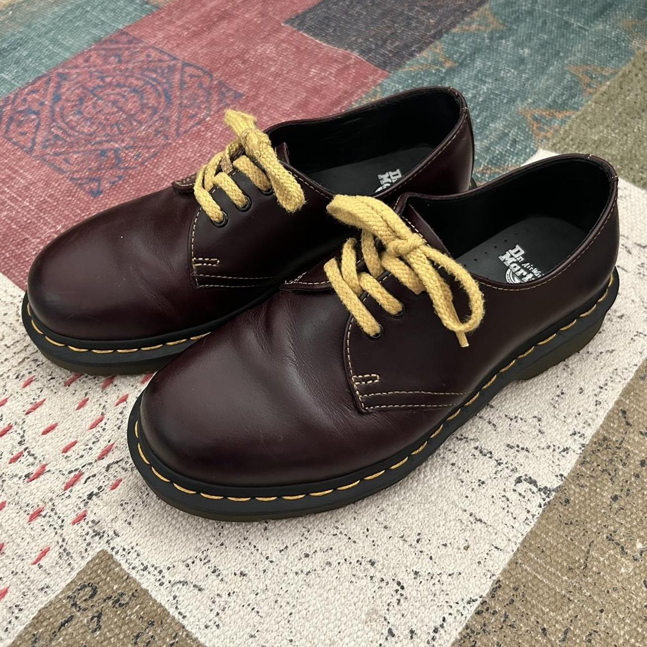 Dr. Marten 1461 shoe in burgundy, with yellow laces!... - Depop