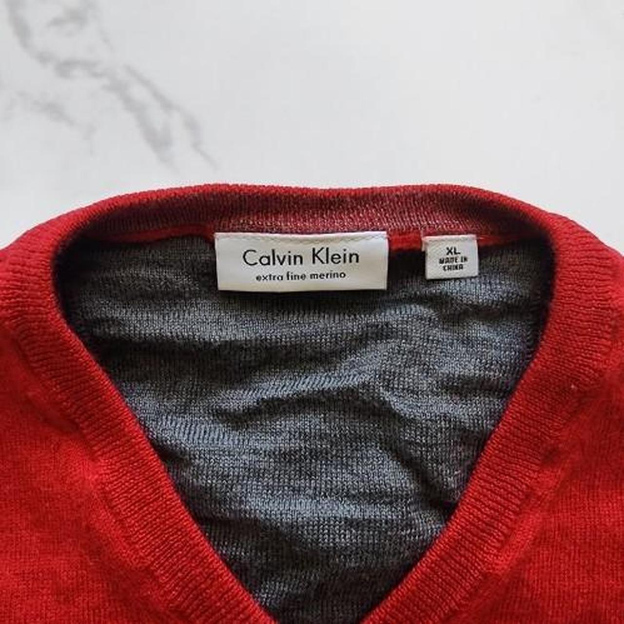 RED CALVIN KLEIN WOOL V NECK SWEATER Size - XL... - Depop