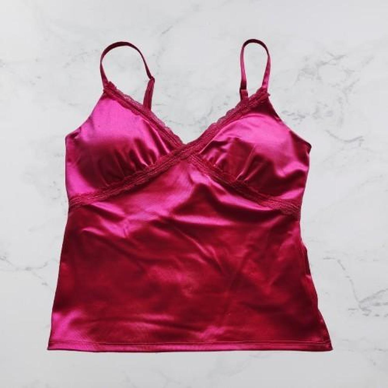 PINK Y2K TANK TOP SATIN SILK WITH LACE TRIM (and... - Depop
