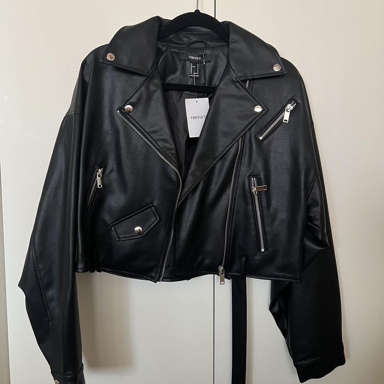 black faux leather forever 21 jacket with belt - Depop