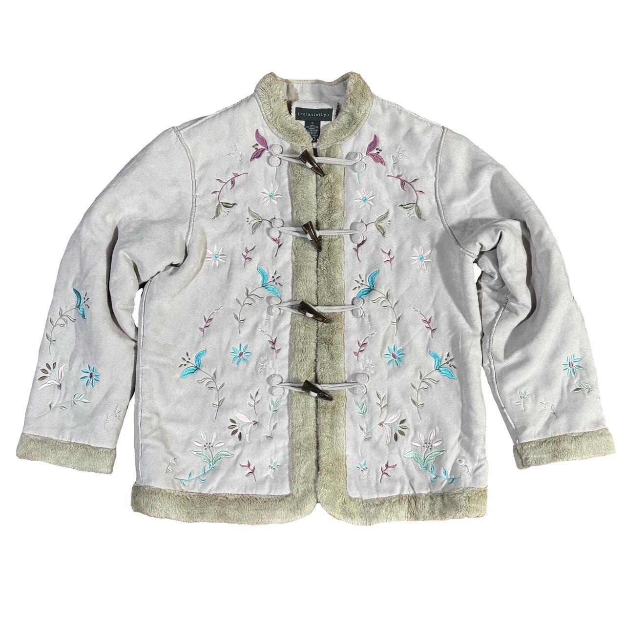 Embroidered Jacket Pink and blue floral embroidered... - Depop