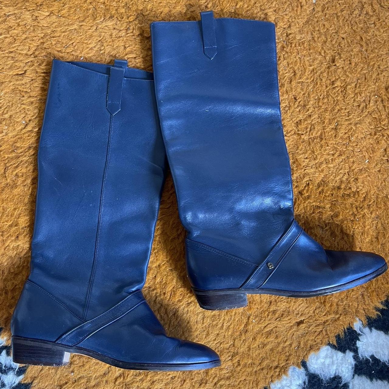 Vintage Navy Leather Knee High Boots Boot size 8... - Depop
