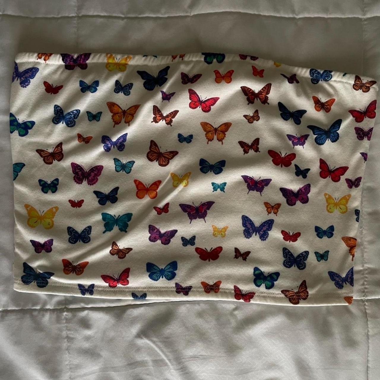 White and multi-coloured butterfly tube top, worn... | Depop