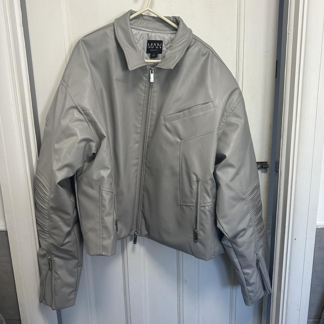 Boohoo man grey faux leather padded biker size medium - Depop
