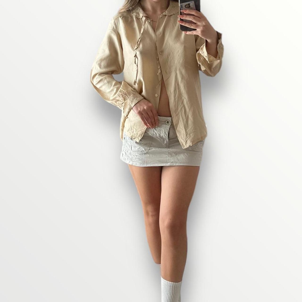 Vintage 2000’s y2k 100% silk beige satin shirt with... - Depop