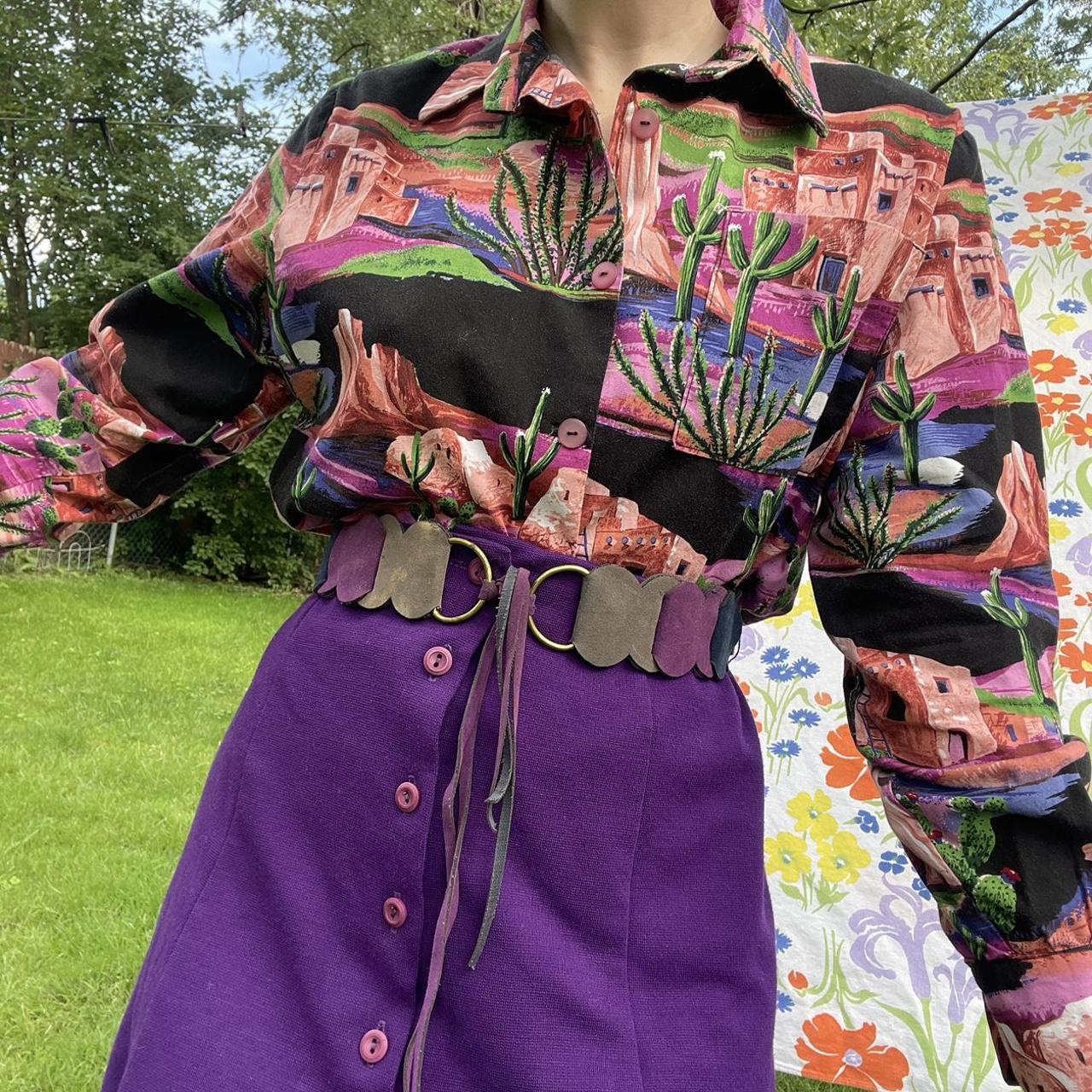 Vintage 60s purple button up shirt with suede tie... - Depop