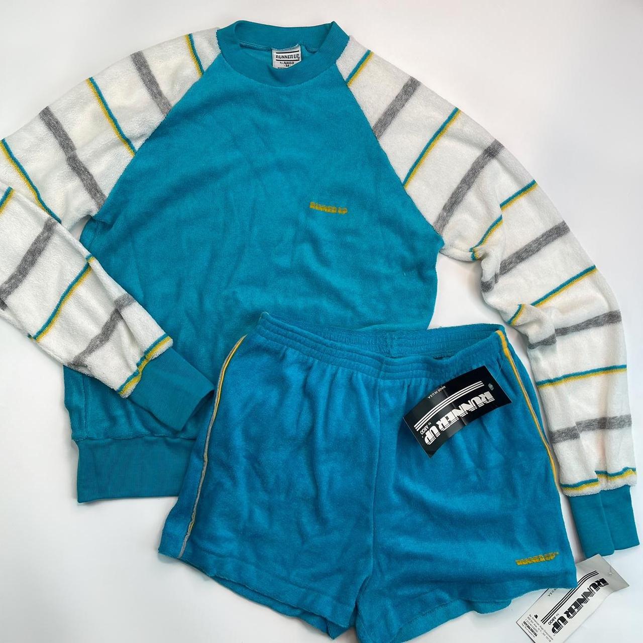 1980s blue and white striped tracksuit set with... | Depop