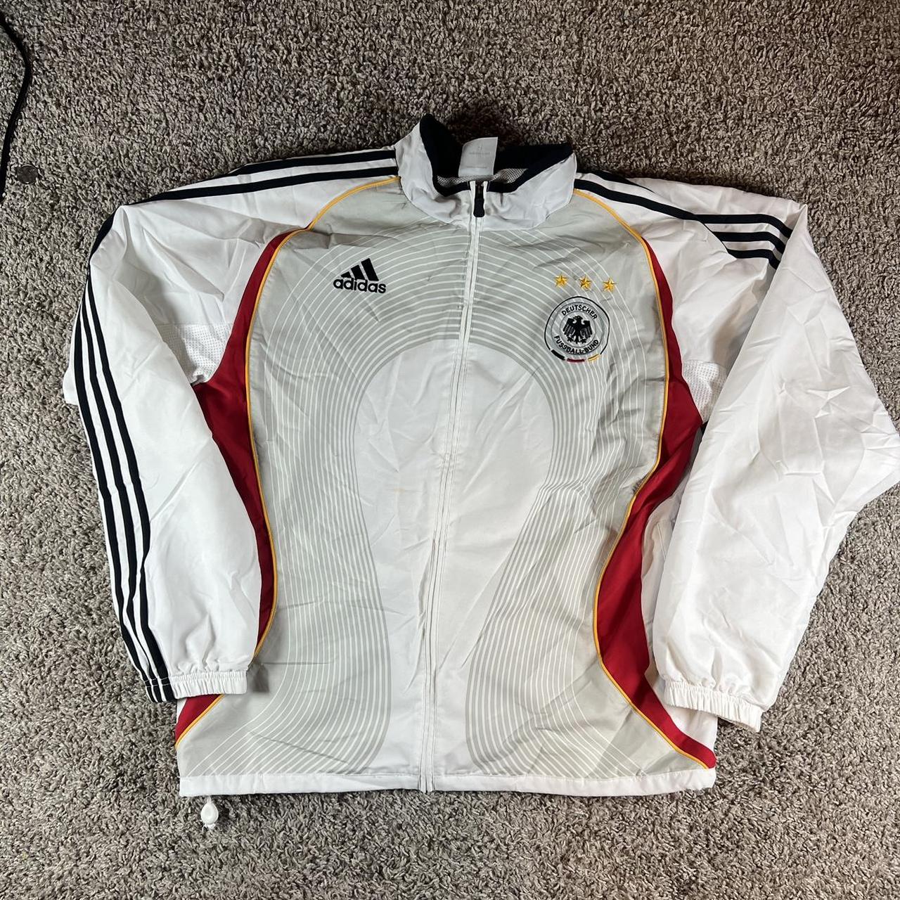 White and red Adidas Germany futbol windbreaker... - Depop