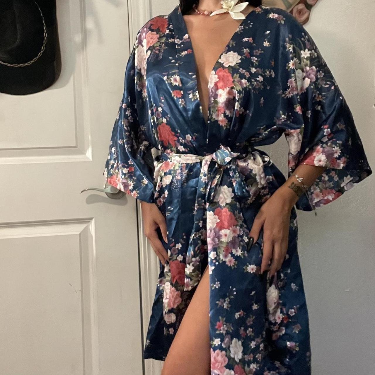 floral satin robe soooo gorgeous a bit more teal... - Depop