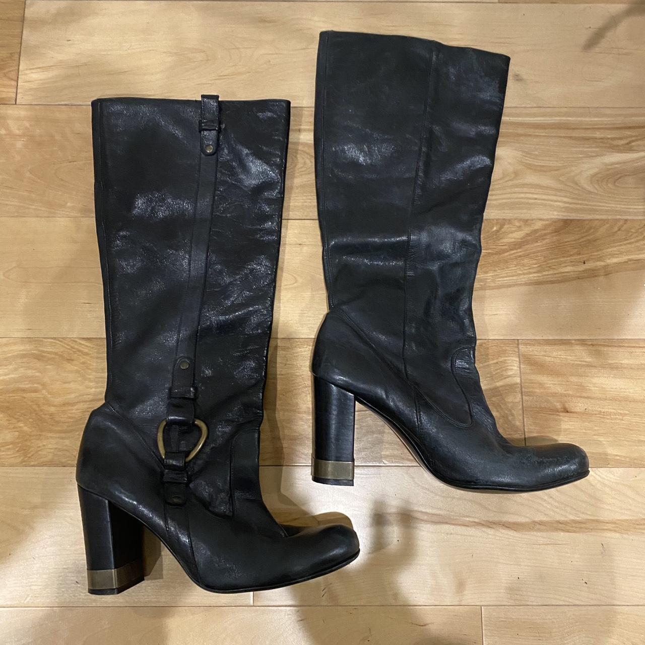 Leather knee high boots Gold accent knee high boots... - Depop