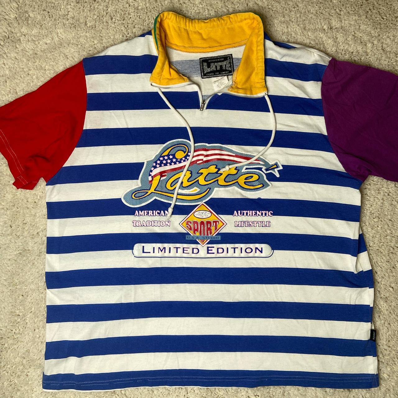 90s striped colorblock graphic shirt by Latte. Such... - Depop