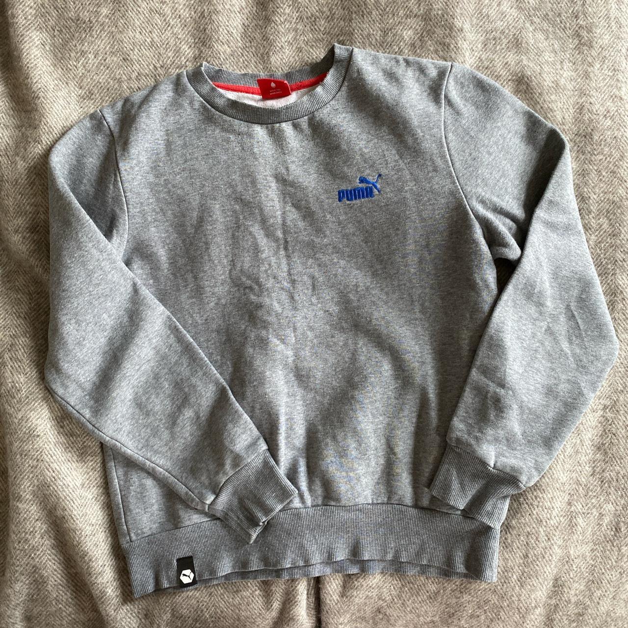 Grey Puma sweatshirt with blue Puma logo. Size S and... - Depop