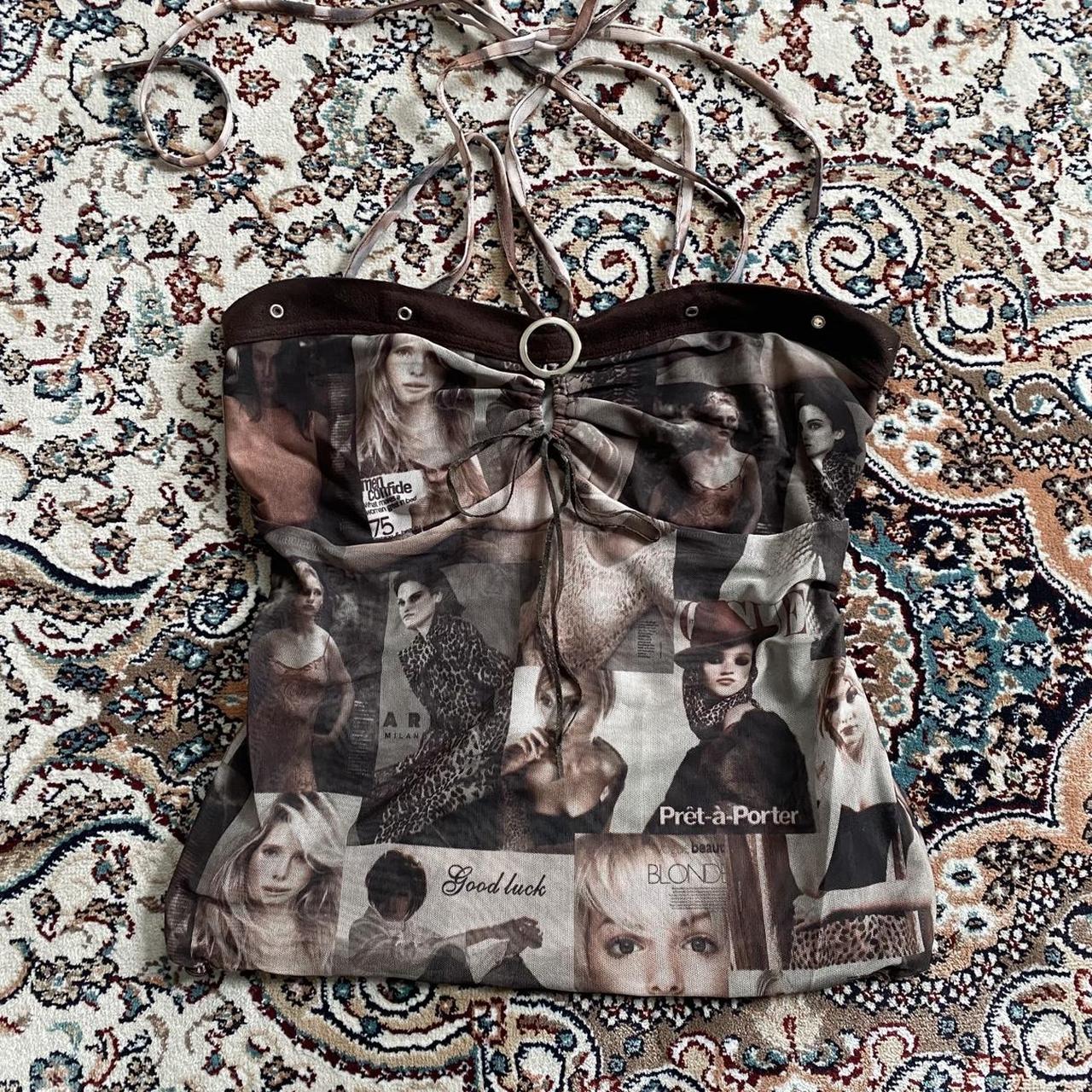 2000s magazine / newspaper girls print cami mesh top... - Depop