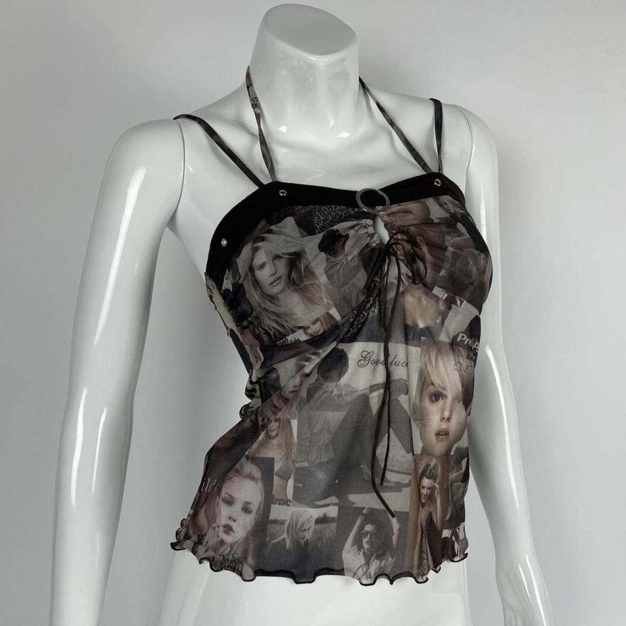 2000s magazine / newspaper girls print cami mesh top... - Depop