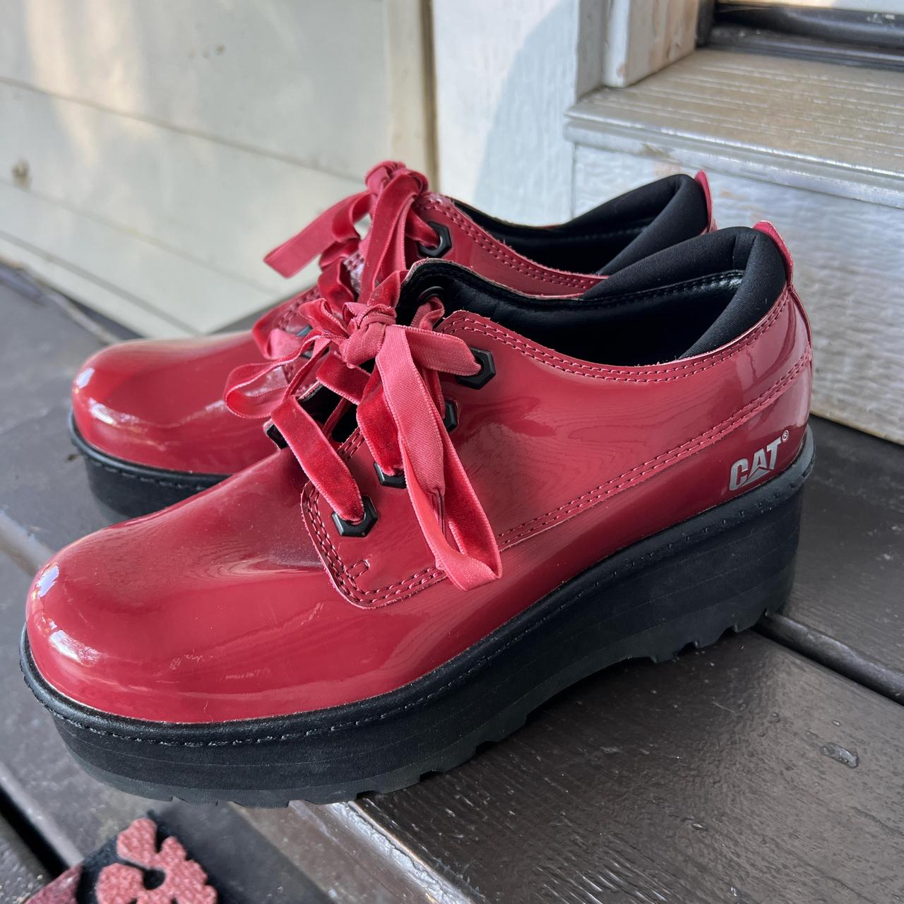 CAT red patent leather platform shoes with a rubber... - Depop