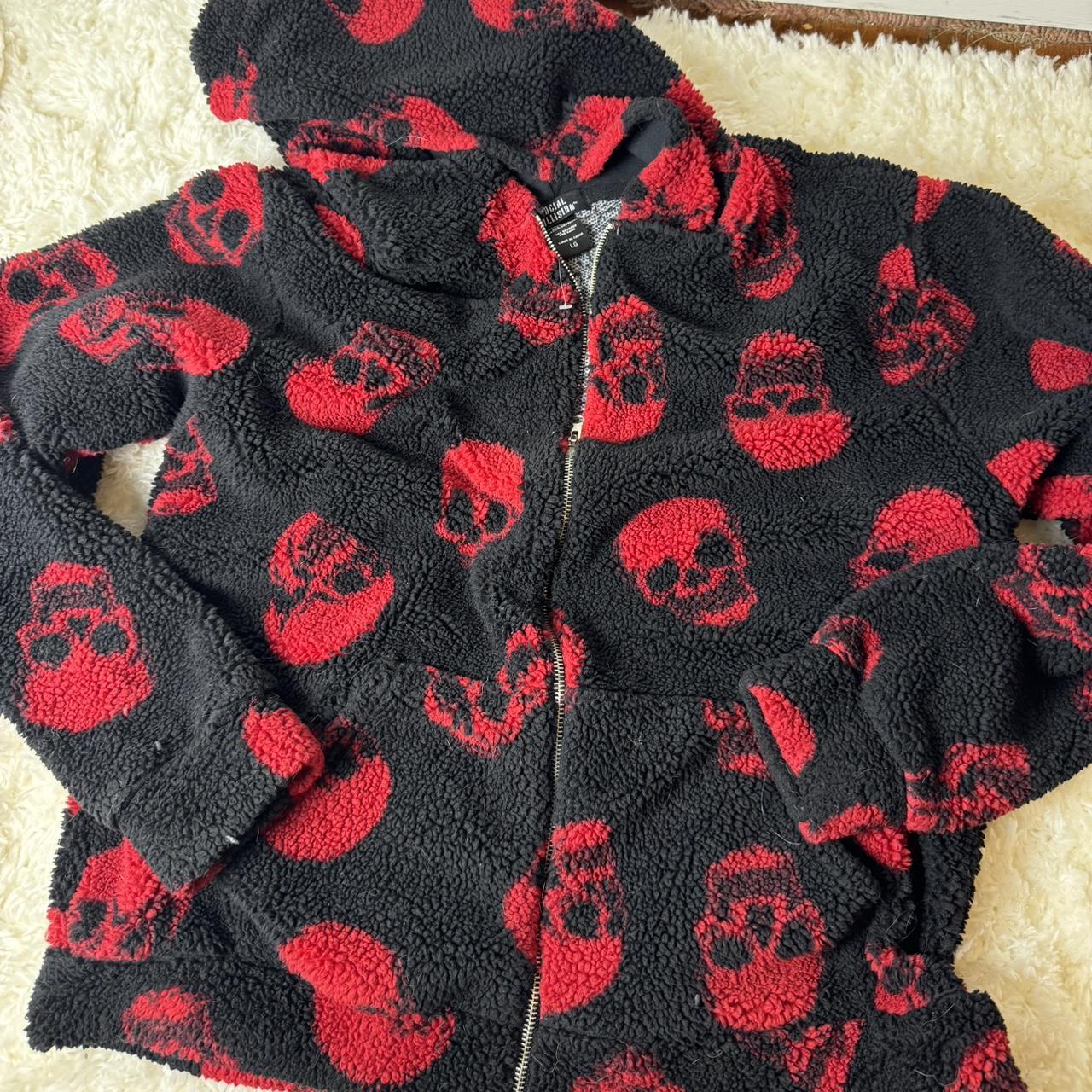 Hot topic red skull fluffy jacket Size large... - Depop