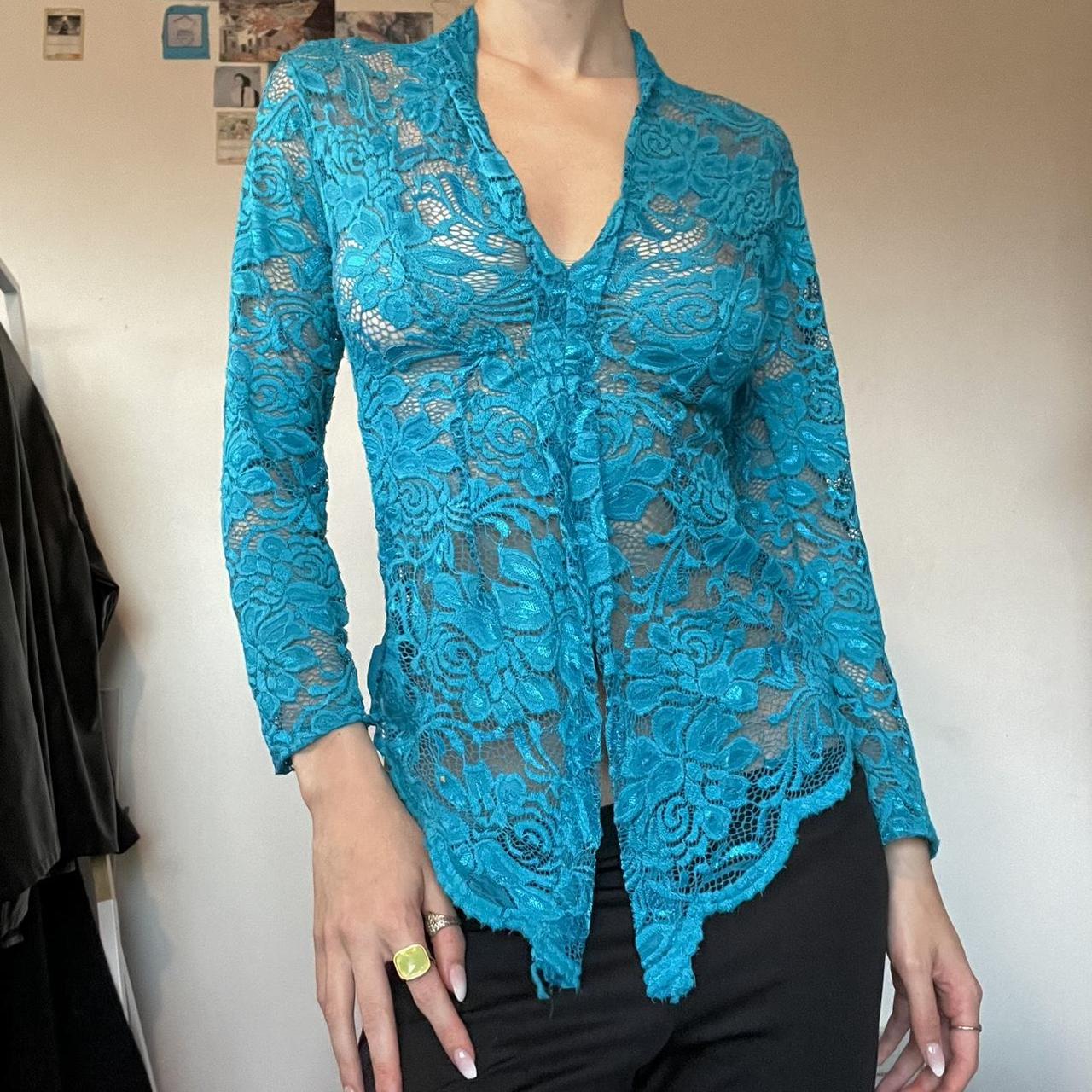 blue lace long-sleeve top 🩵 lace is see through so... - Depop