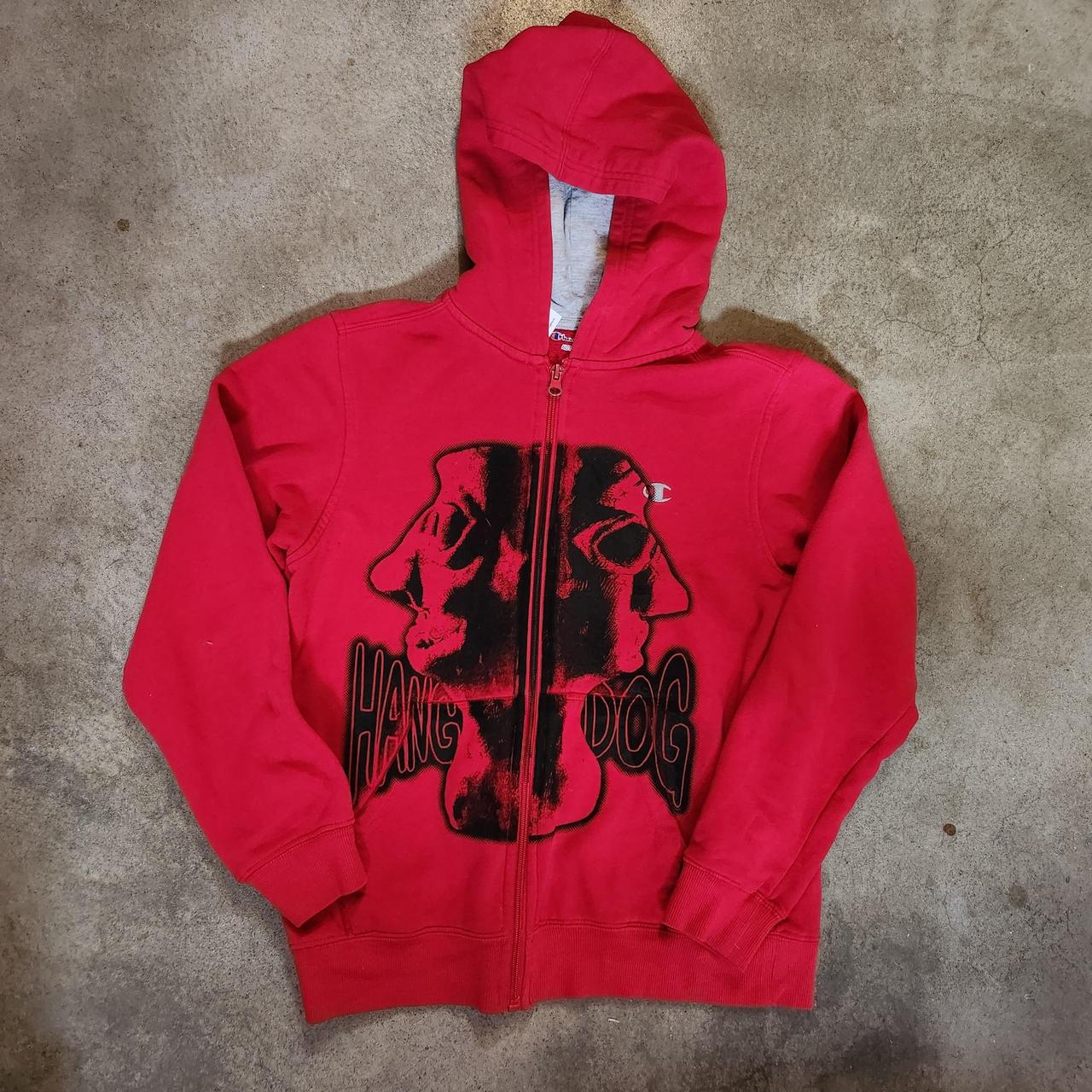 Small screen printed red logo print zip hoodie. We... - Depop