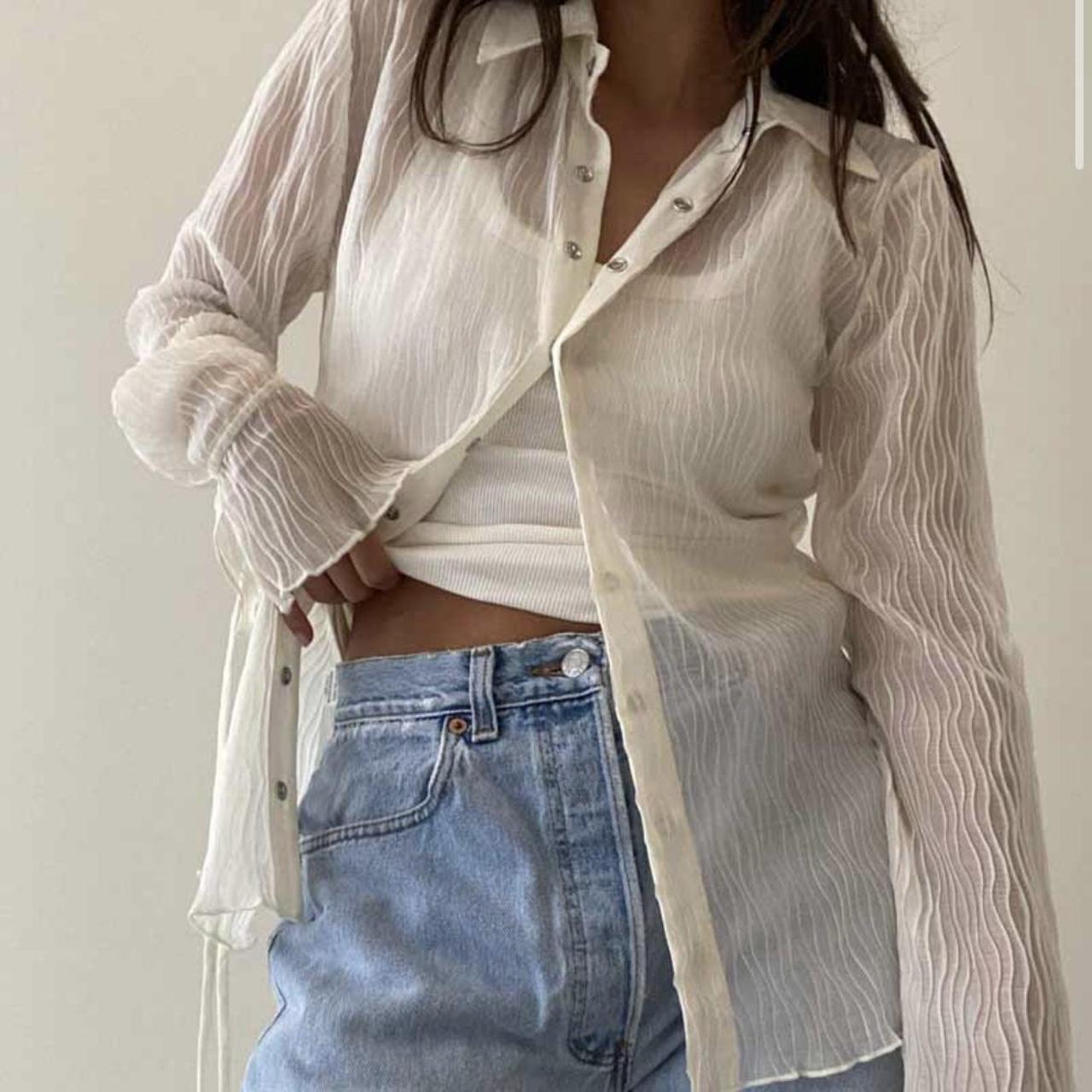 Sheer detailed print button down collared top long... - Depop