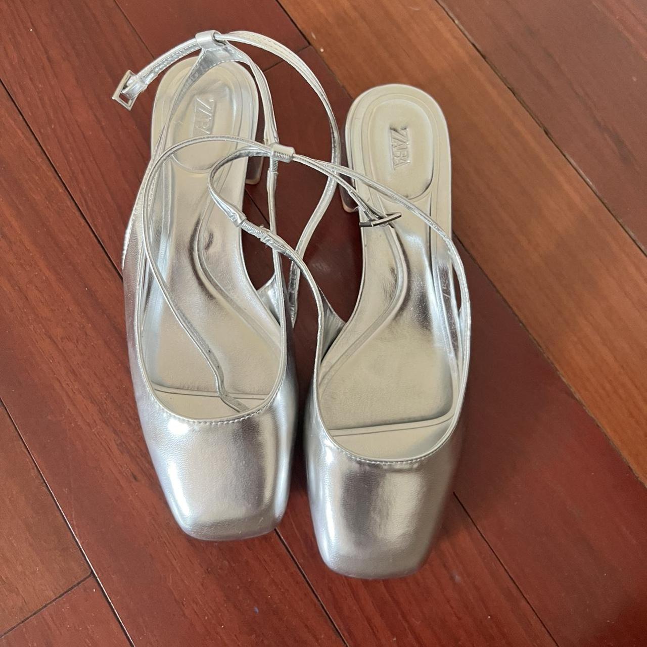Zara silver metallic chrome ballet flats. Have never... - Depop